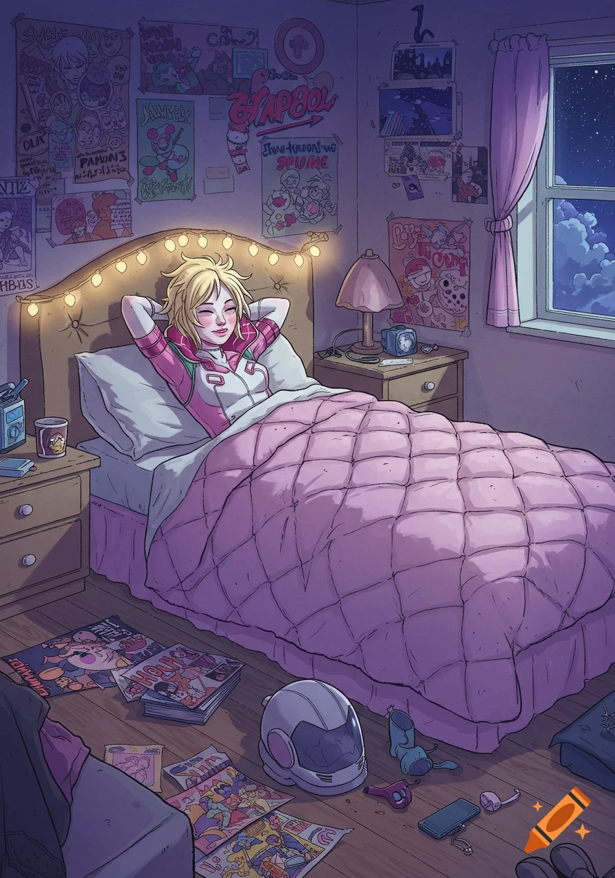 Comic style illustration of Gwenpool in her costume, lying in bed with ...