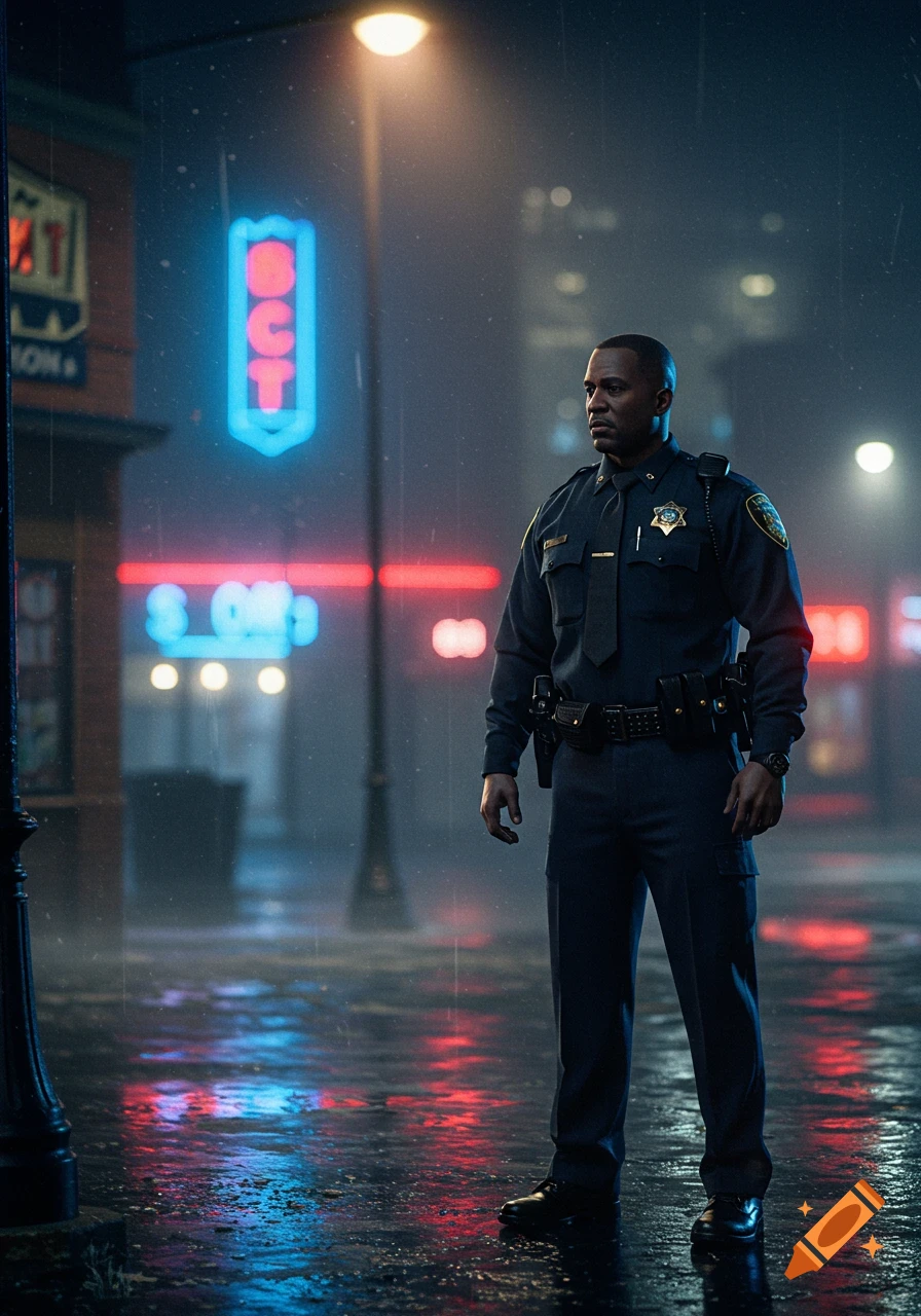 A stoic police officer stands in the rain on a city street at night ...