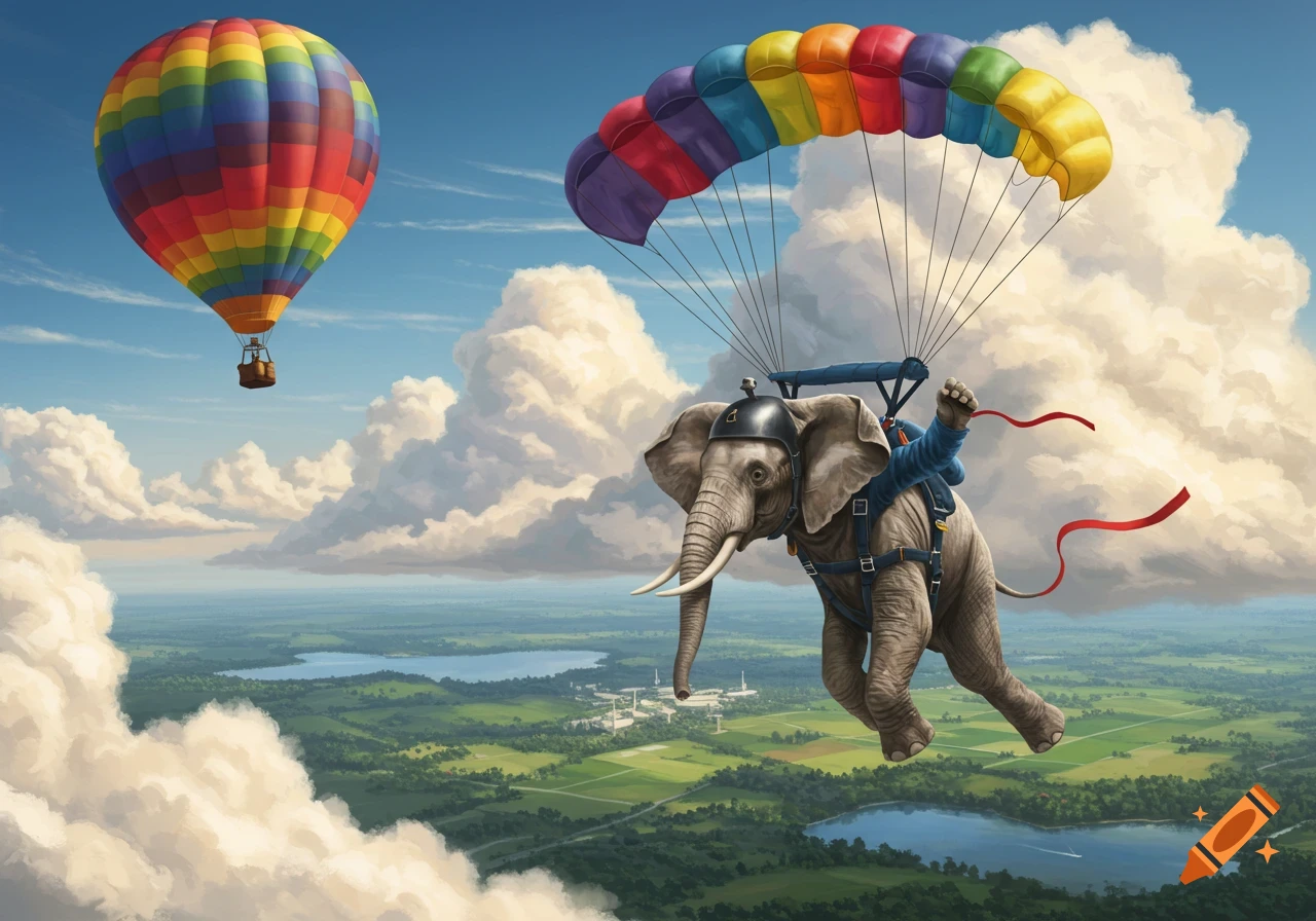 A whimsical elephant flies across a blue sky with a colorful parachute ...