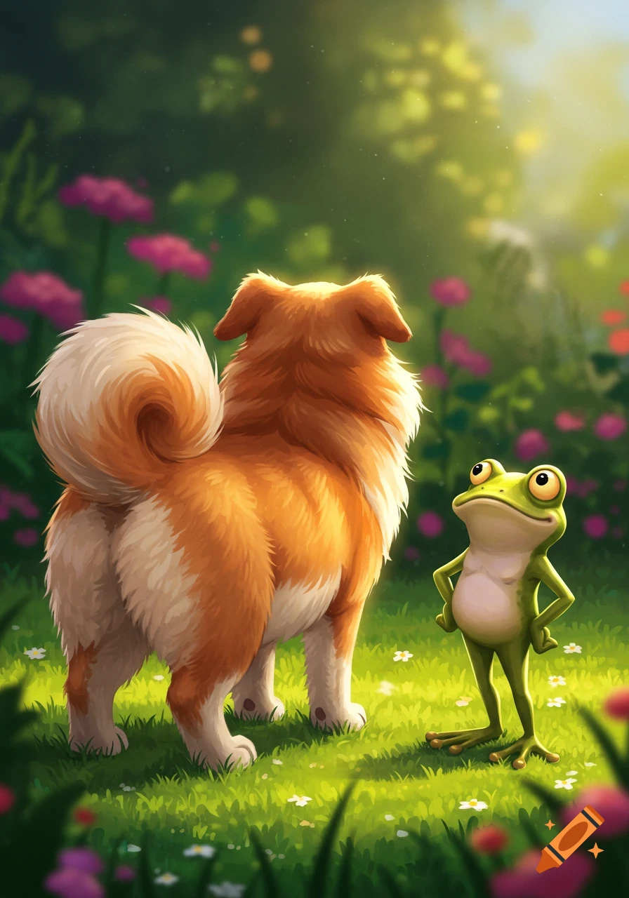 A happy, fluffy ginger cartoon dog sits in a sunny, whimsical forest ...