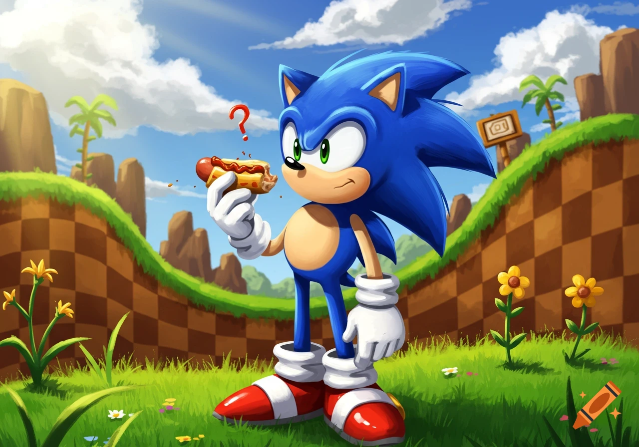 Sonic the Hedgehog looks curiously at a chili dog in the classic Green ...