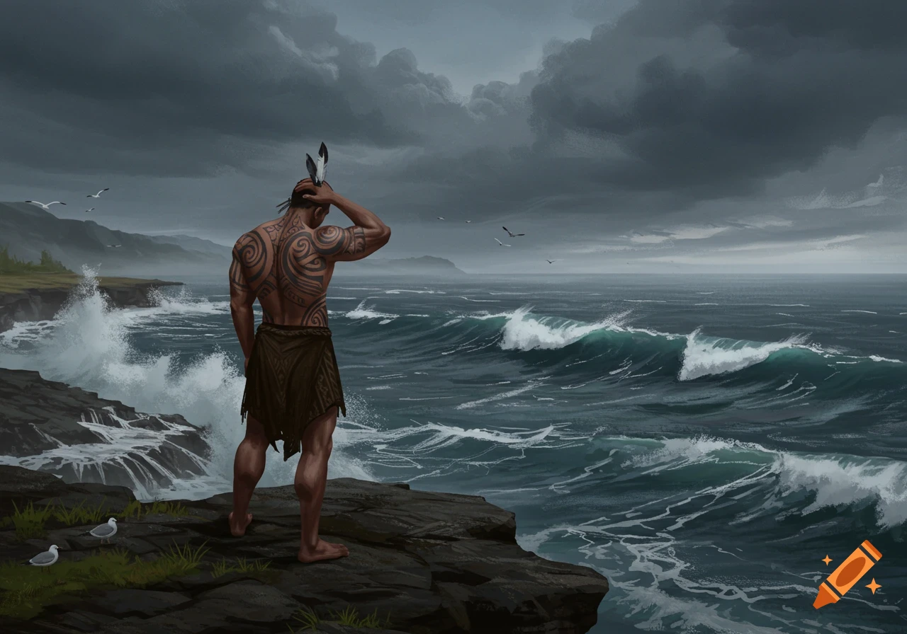A muscular man with Maori-style back tattoos stands on a dark, rocky ...