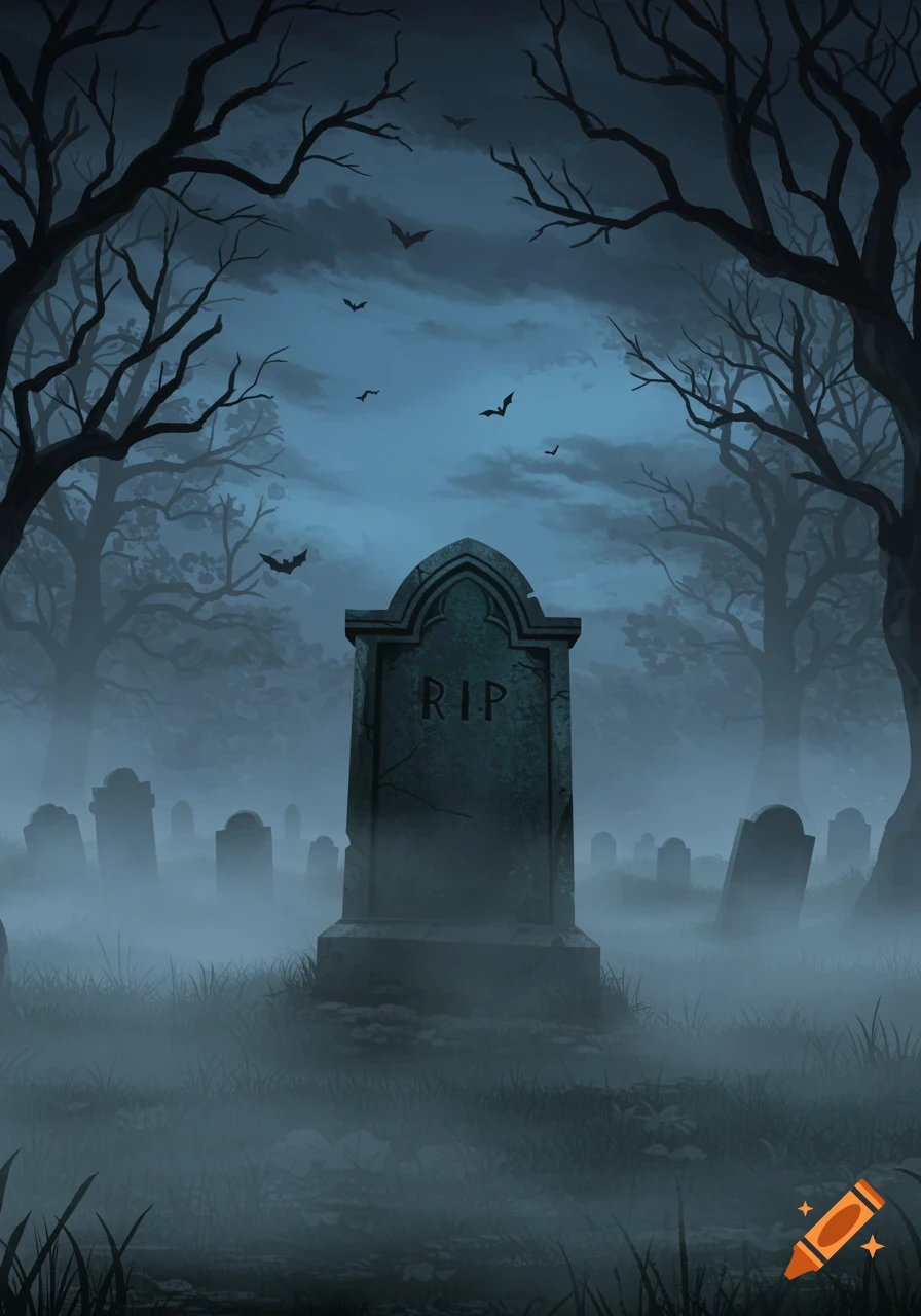 An eerie illustration of a foggy cemetery at night with a prominent ...
