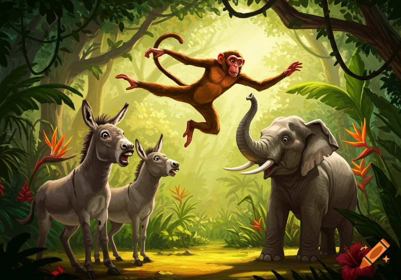A cartoon monkey jumps over two startled donkeys and an elephant in a ...