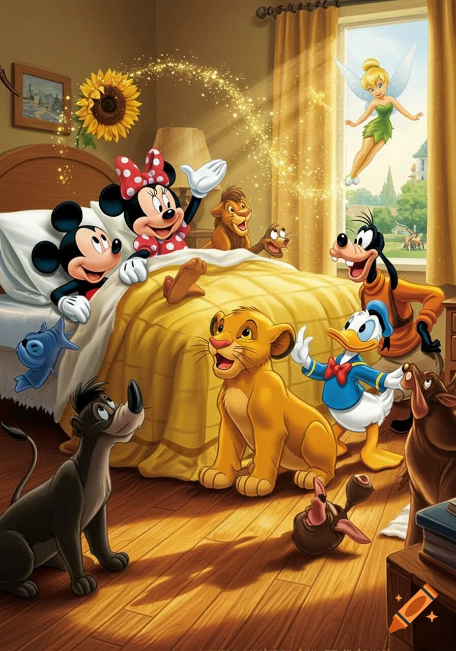 Disney cartoon characters, including Mickey, Minnie, Simba, Goofy ...