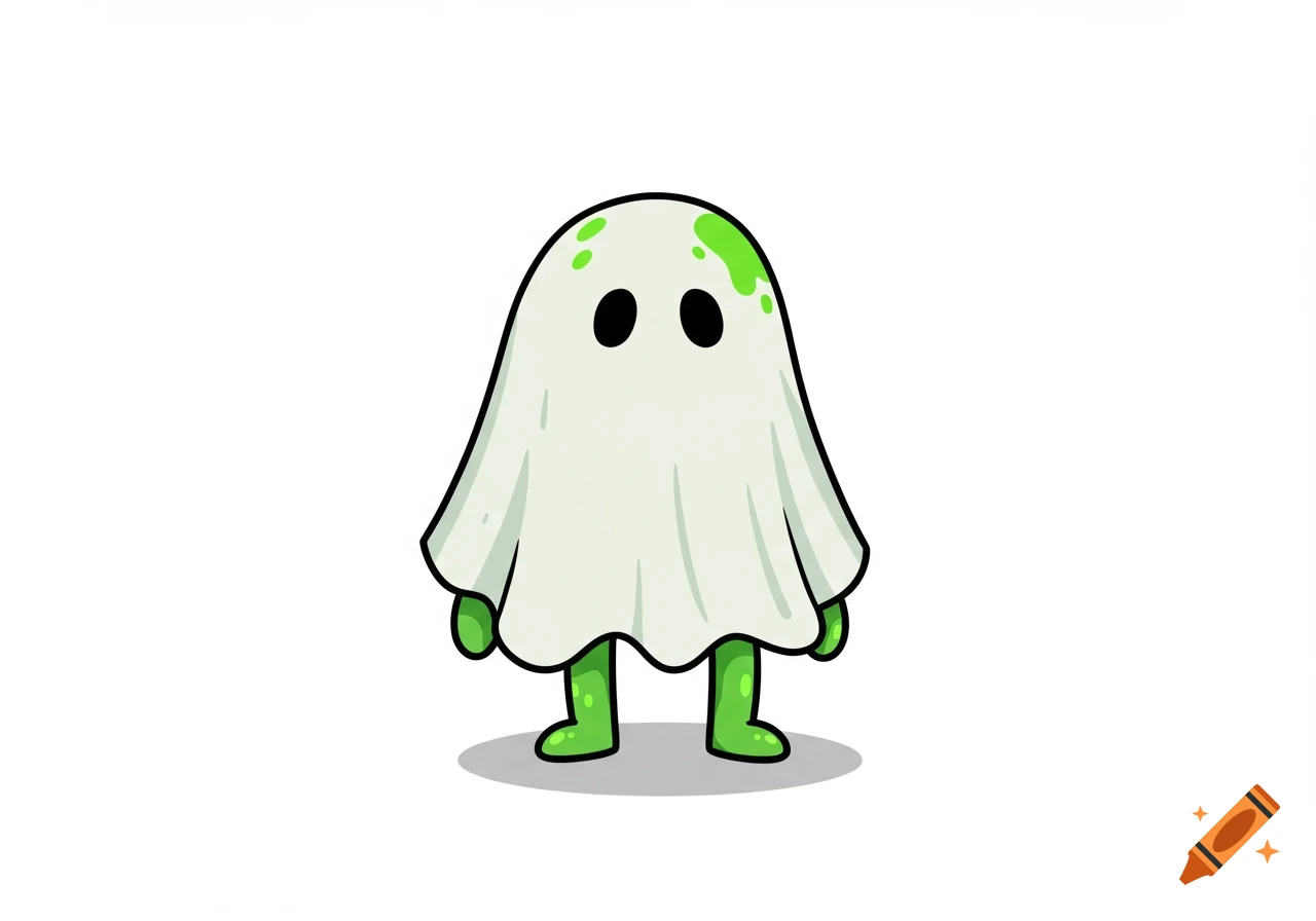 A cartoon ghost character with green legs and green splatters on its ...