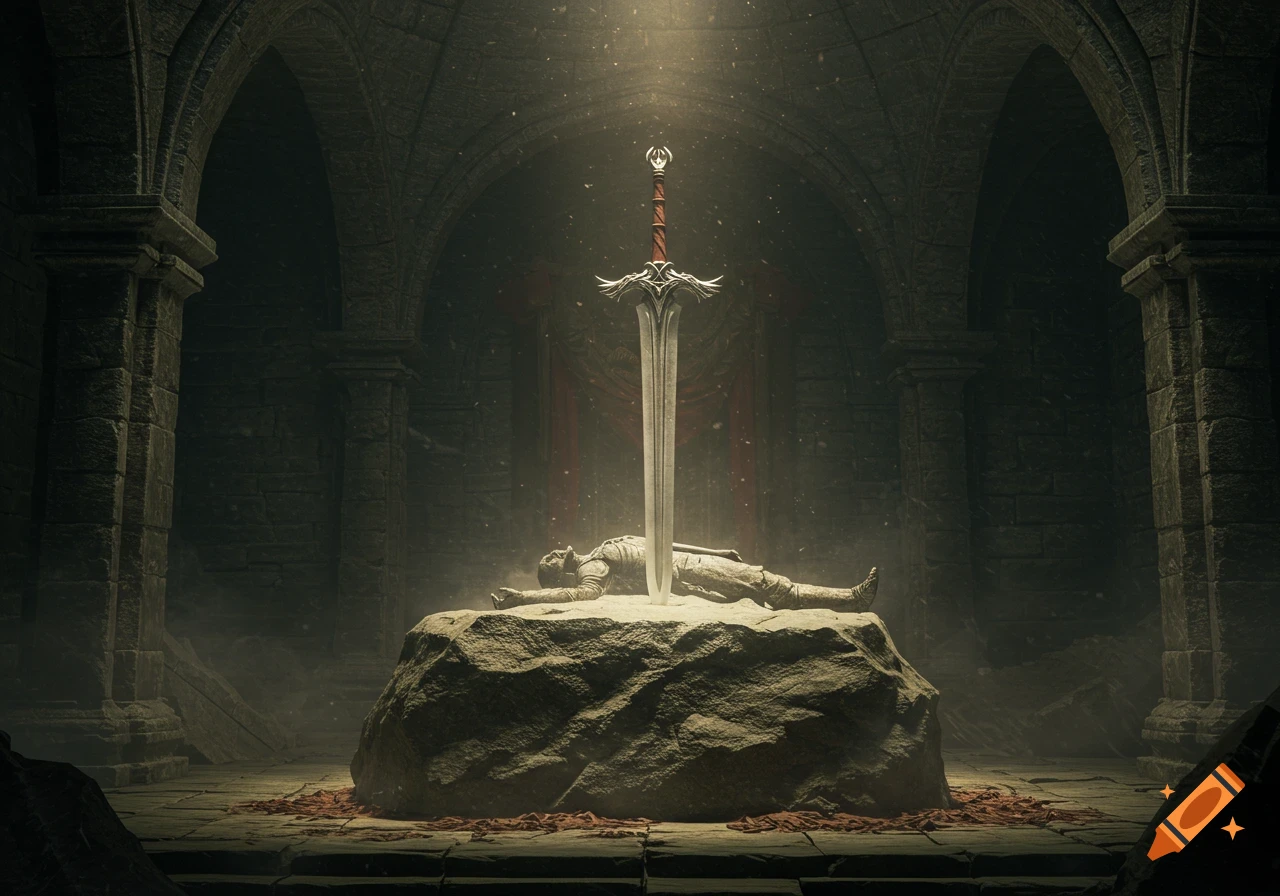 A glowing translucent sword stands upright in a stone altar in a dark ...