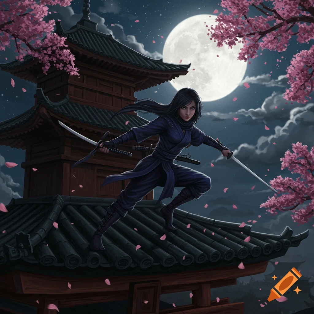 A hooded ninja crouches on a Japanese rooftop at night, with a full ...