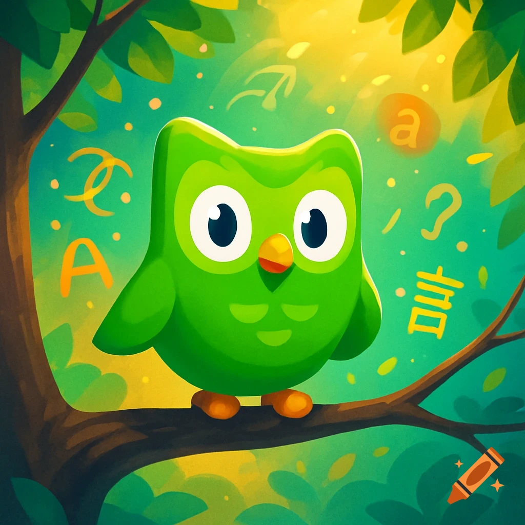 Five Duolingo-style educational icons: Duo the owl, language exercises ...