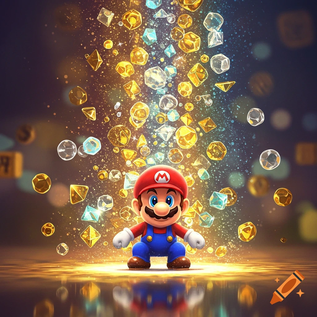 Super Mario character crouching as he is showered by glowing gold ...