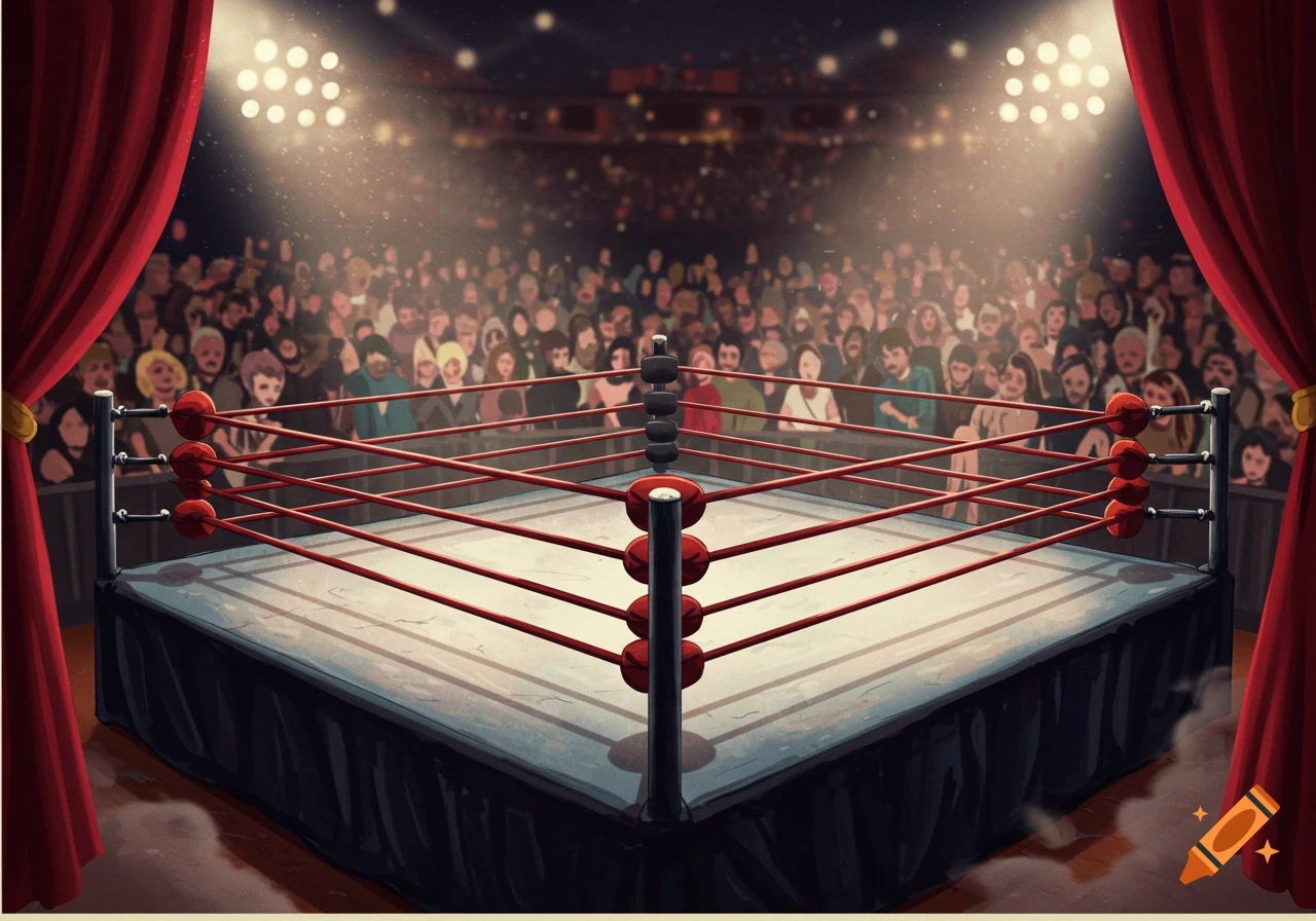 An illustration of an empty wrestling ring under bright spotlights in a ...