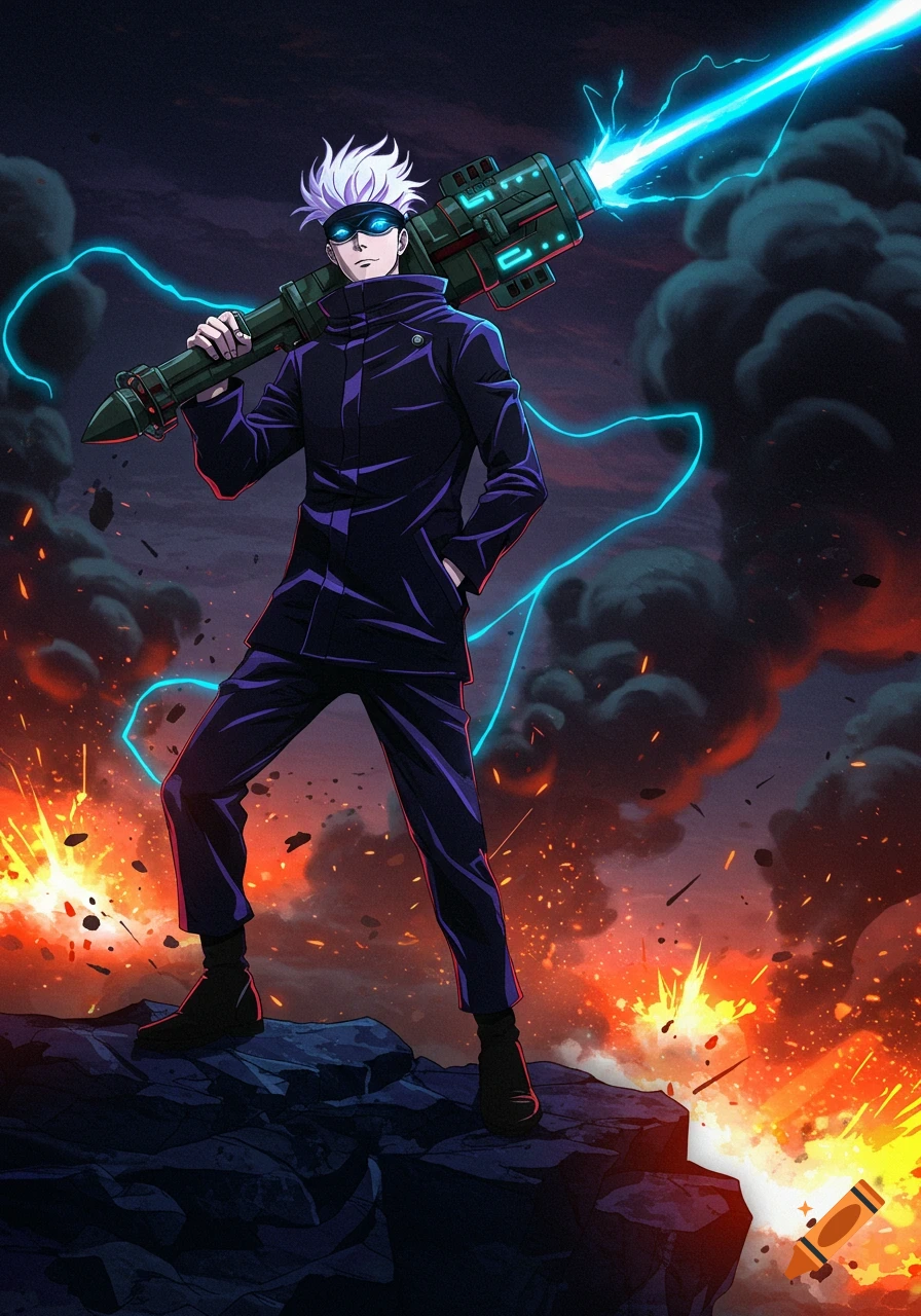 Anime character Gojo Satoru with white hair and blindfold, holding a ...