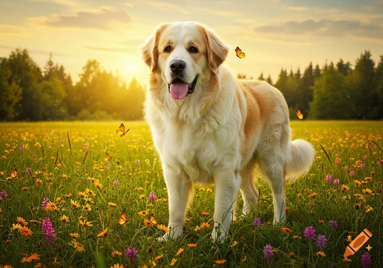 A fluffy golden-colored dog stands in a field of wildflowers at sunset ...