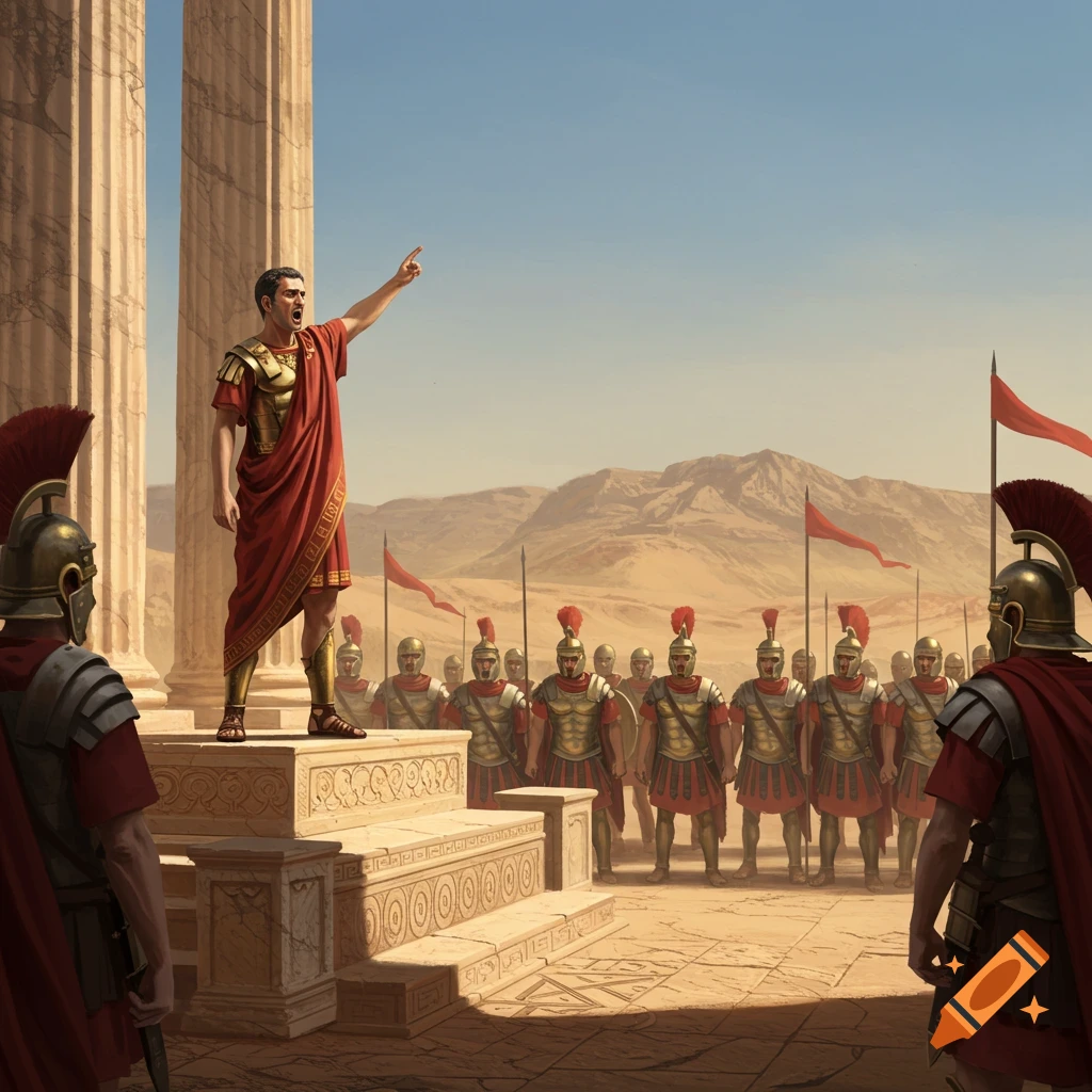 A shirtless man on a raised platform in a sunlit Roman courtyard ...