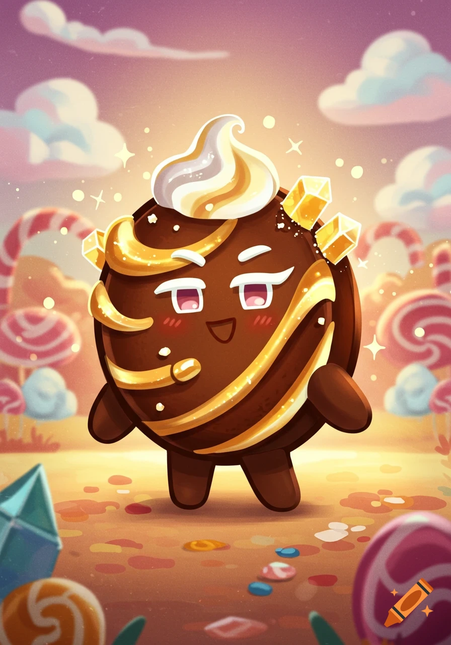 A cute, round, pink and white candy creature with frosting hair holds a ...