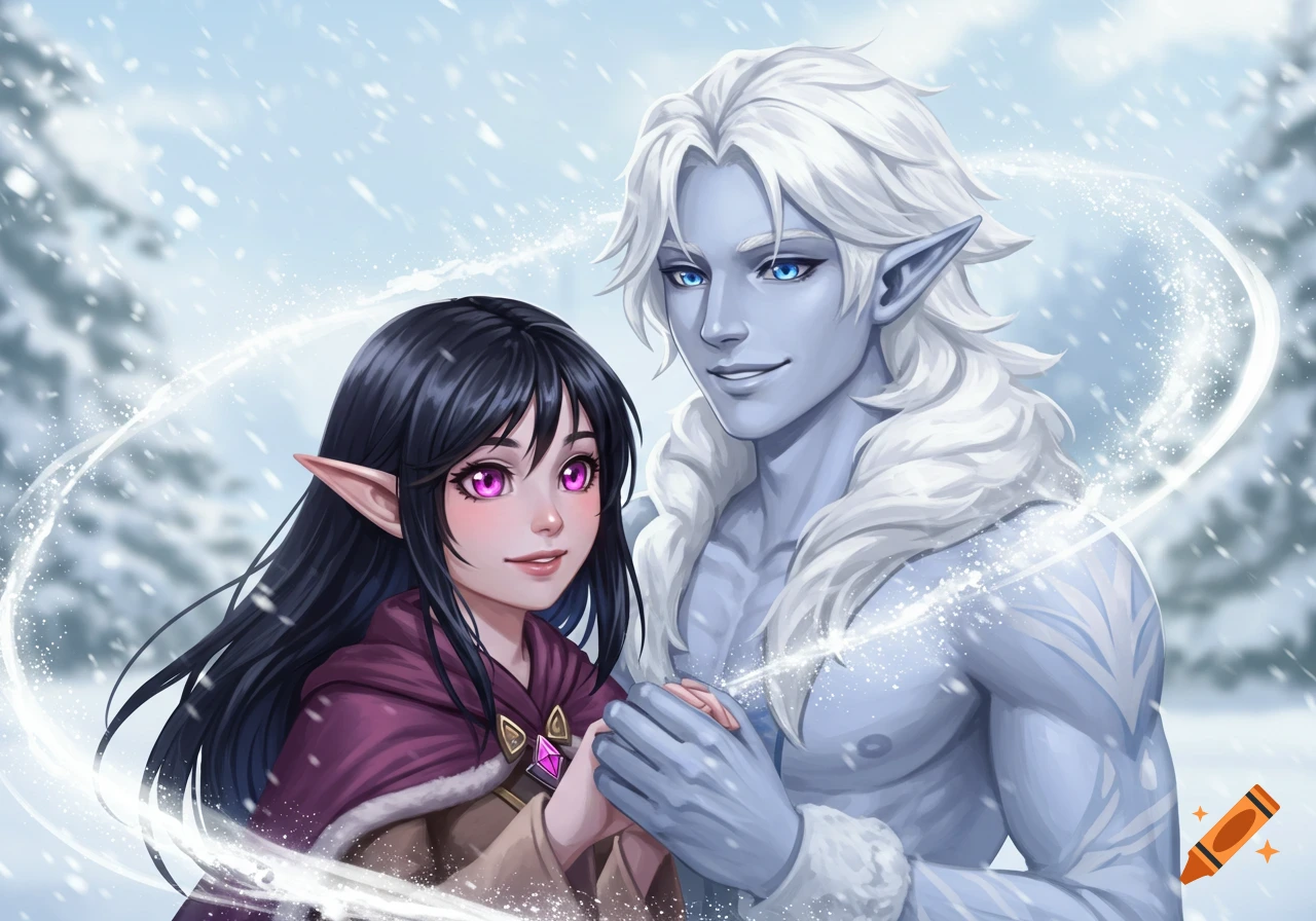 Digital art of a smiling dark-haired female elf with pink eyes and a white-haired ice elf with ...