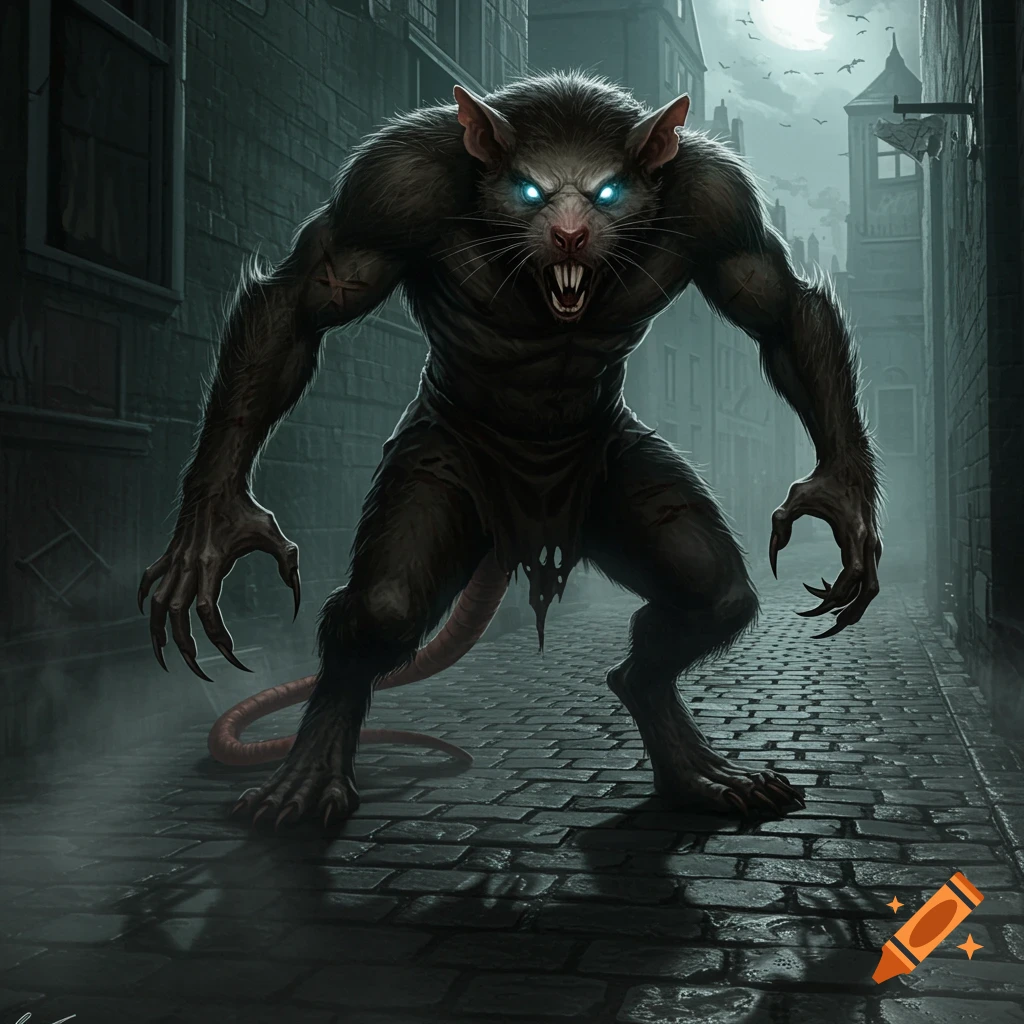 A terrifying, photorealistic monster rat with glowing red eyes and ...