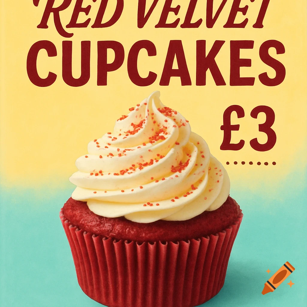Vibrant poster of a red velvet cupcake with cream cheese frosting and ...