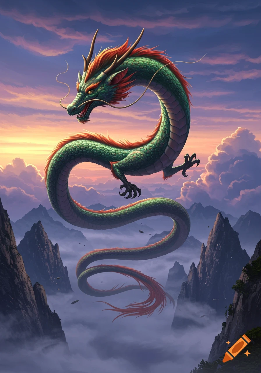 A majestic green and red Asian dragon with glowing eyes flies through a ...