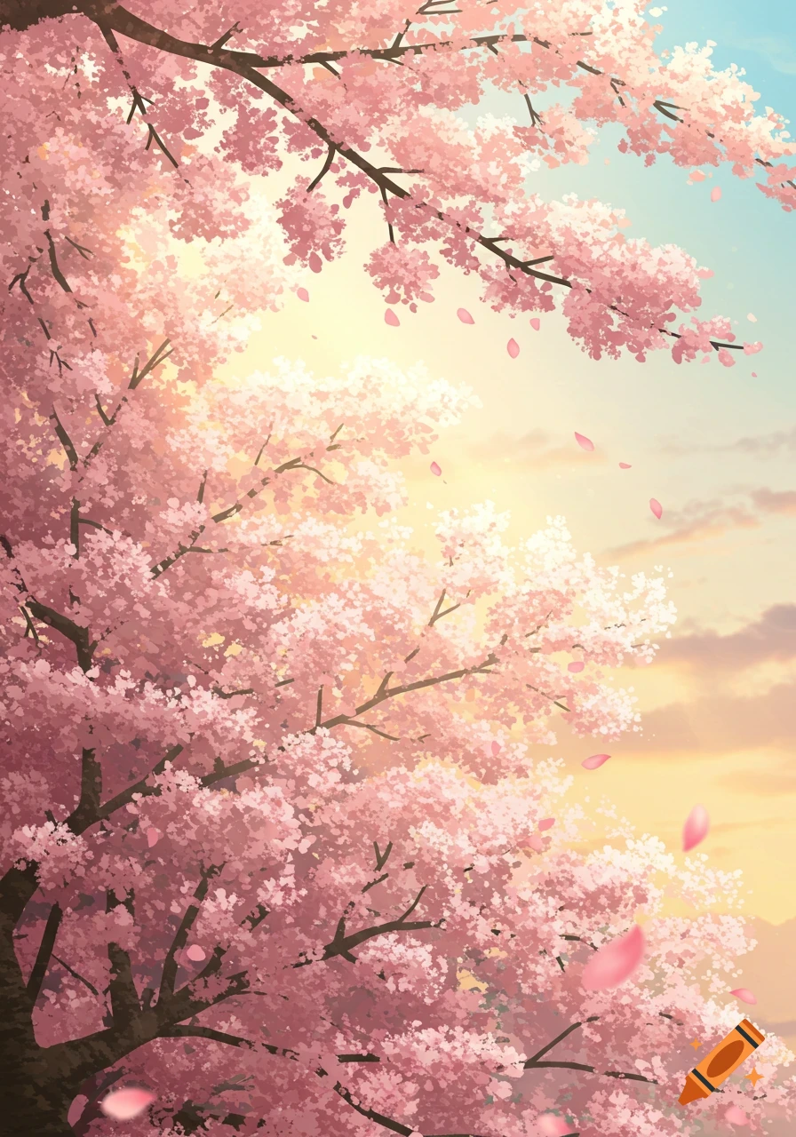 Illustrative vertical image of a cherry blossom tree with pink petals ...