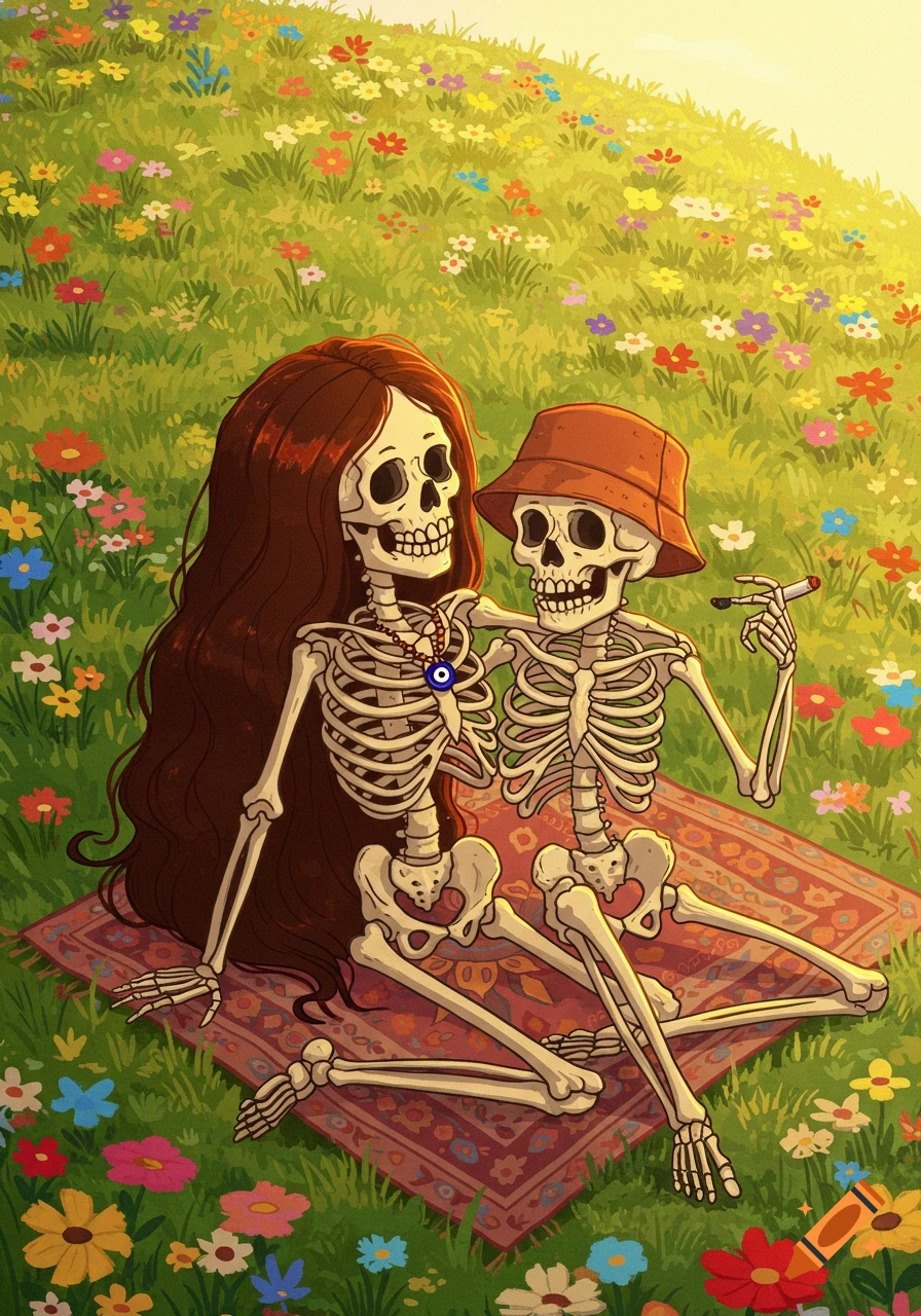 Cartoon illustration of two skeletons on a bohemian blanket in a field ...