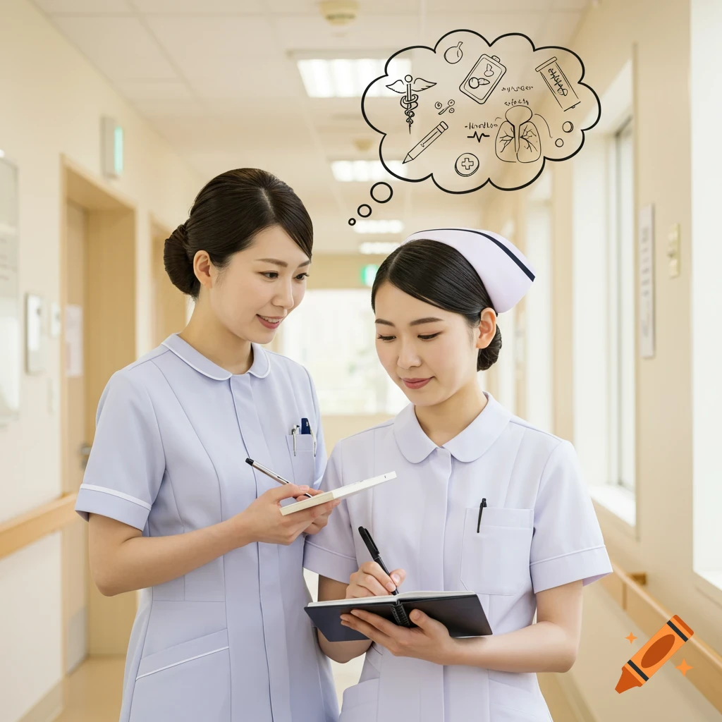 Two Asian nurses in light blue uniforms discuss notes in a hospital ...