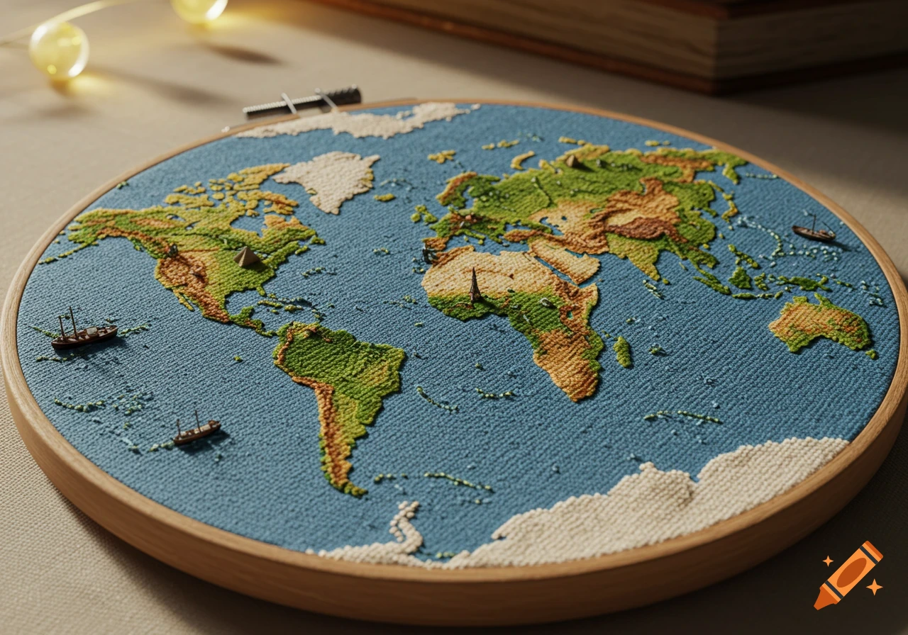 A detailed cross-stitch world map with textured landmasses in an ...