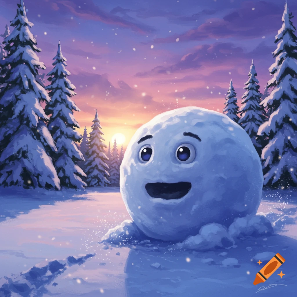 Cute anime snowman with large blue eyes and rosy cheeks rolling in a ...