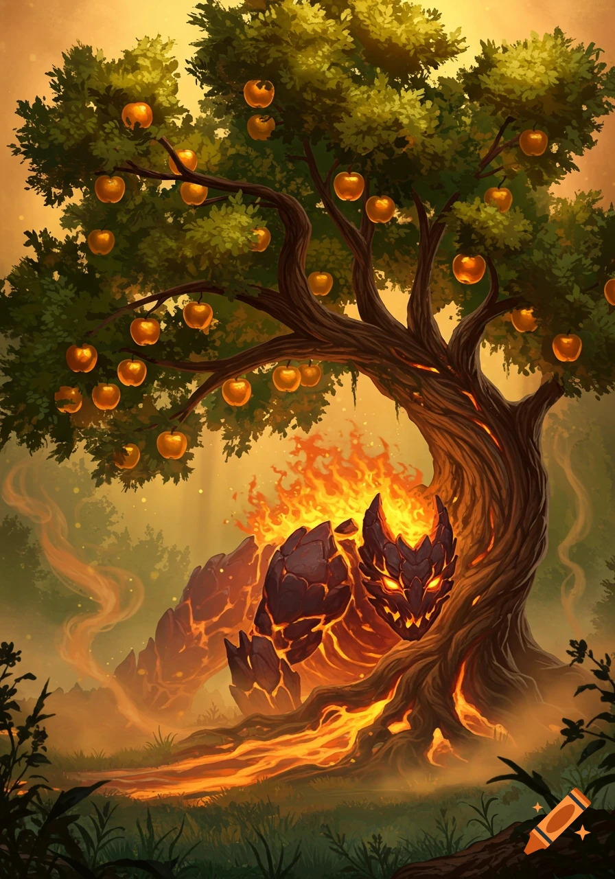 A fantasy illustration of a tree with golden apples, its base consumed ...