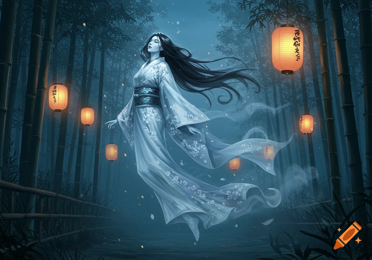 A ethereal female ghost in a white kimono floats in a mystical bamboo ...