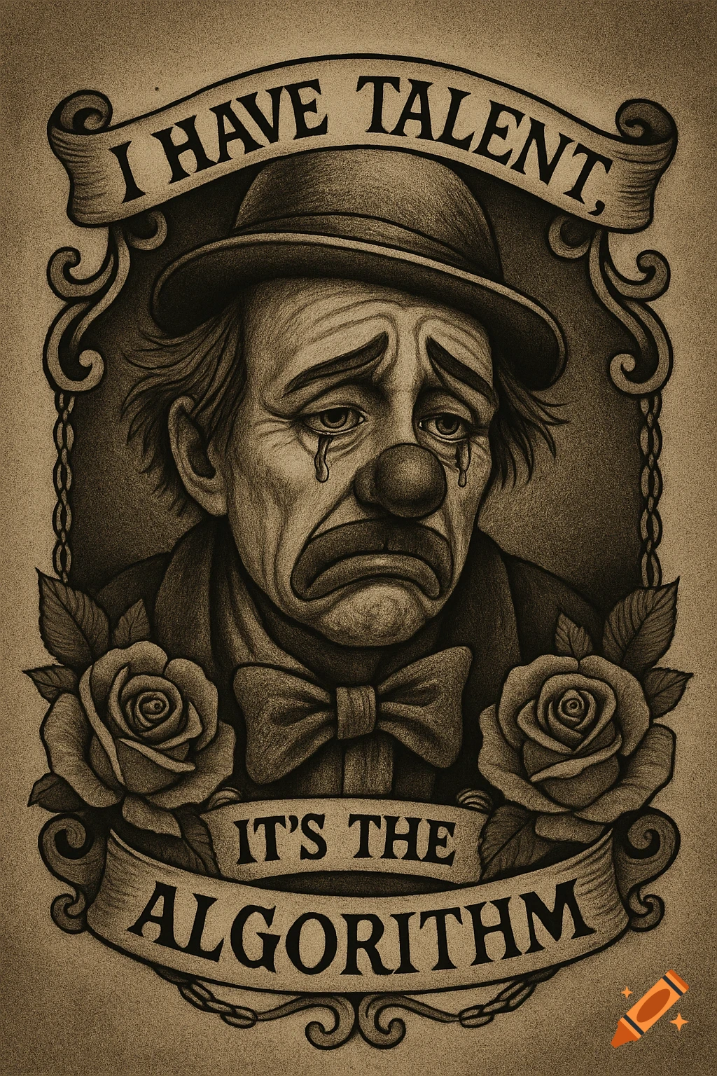 Sepia-toned tattoo-style illustration of a crying sad clown with roses ...