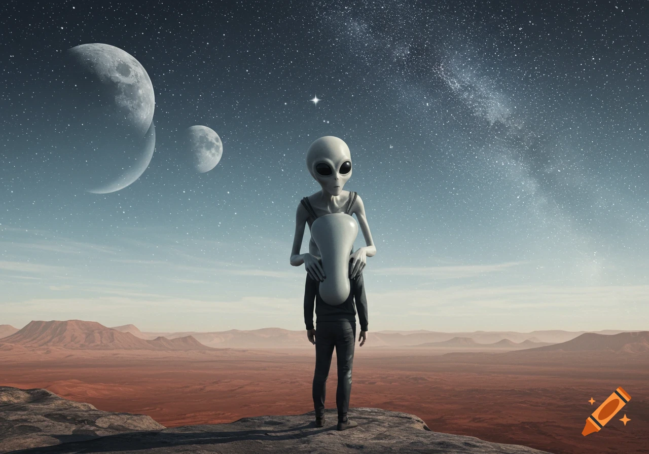 A grey alien strapped to a man's back stands on a rock in a red desert ...