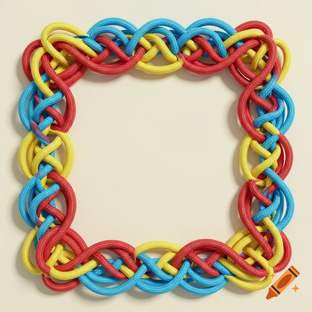 A square frame braided from red, yellow, and blue ropes. on Craiyon