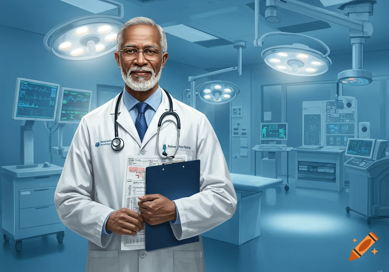 A smiling blond man in blue scrubs and a stethoscope looks at the ...