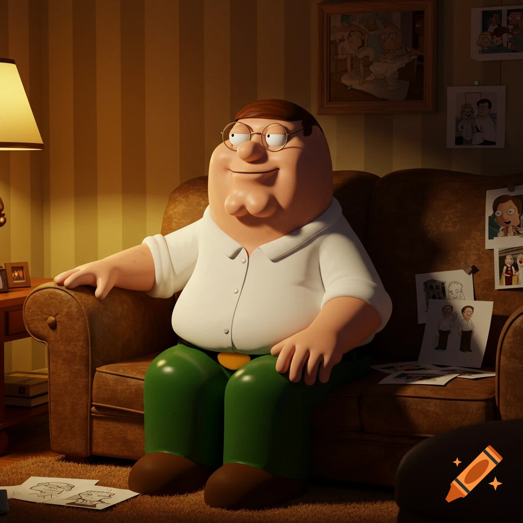 Realistic depiction of Peter Griffin sitting on a couch in a living ...
