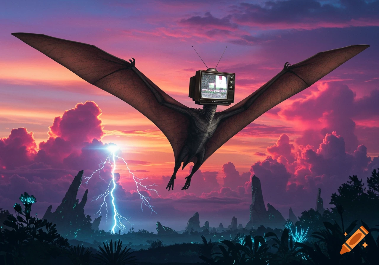 A pterodactyl with an old TV for a head flies over a stylized landscape ...