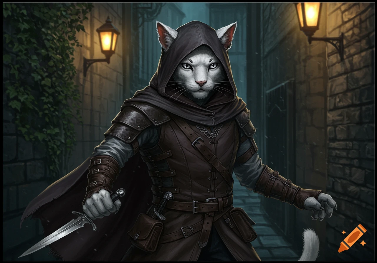 A white catfolk rogue in a dark alley, wearing a hooded cloak and ...