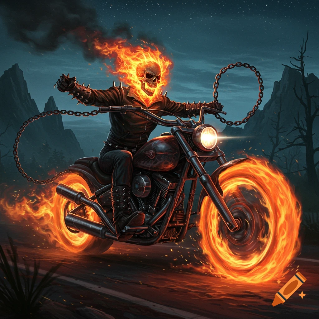 A flaming skull character rides a motorcycle with fire wheels on a dark ...