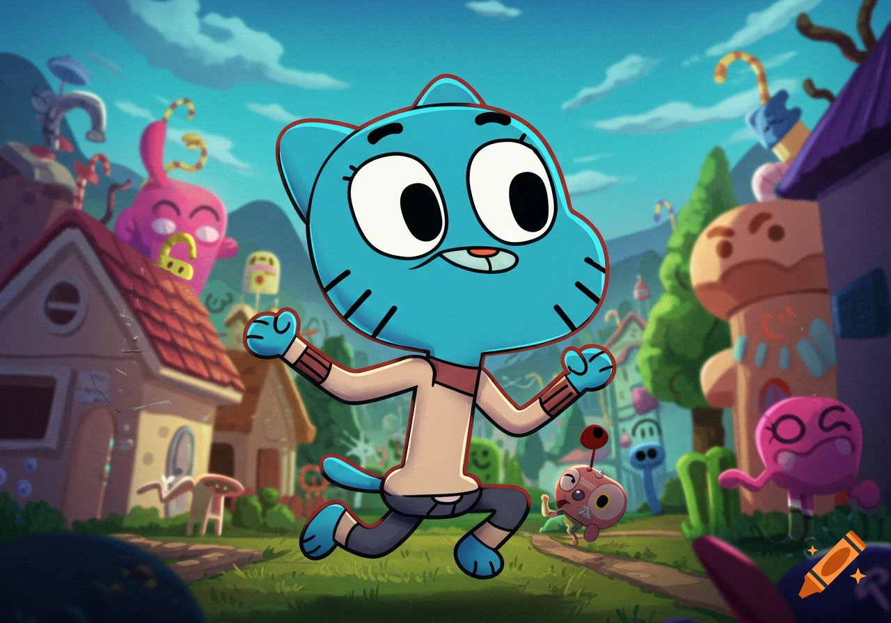 Gumball and Darwin run through a bustling, colorful cartoon town with ...