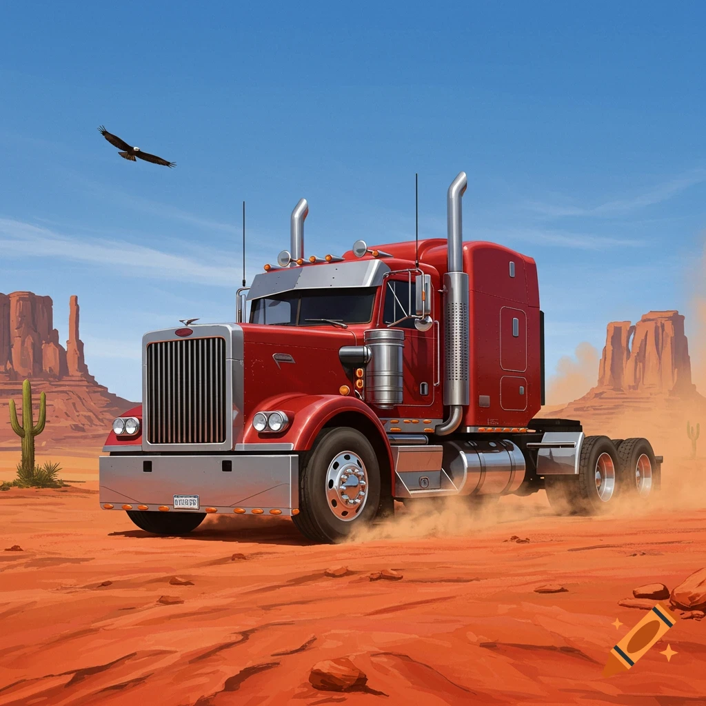 A stylized red semi-truck kicks up dust while driving through a desert ...