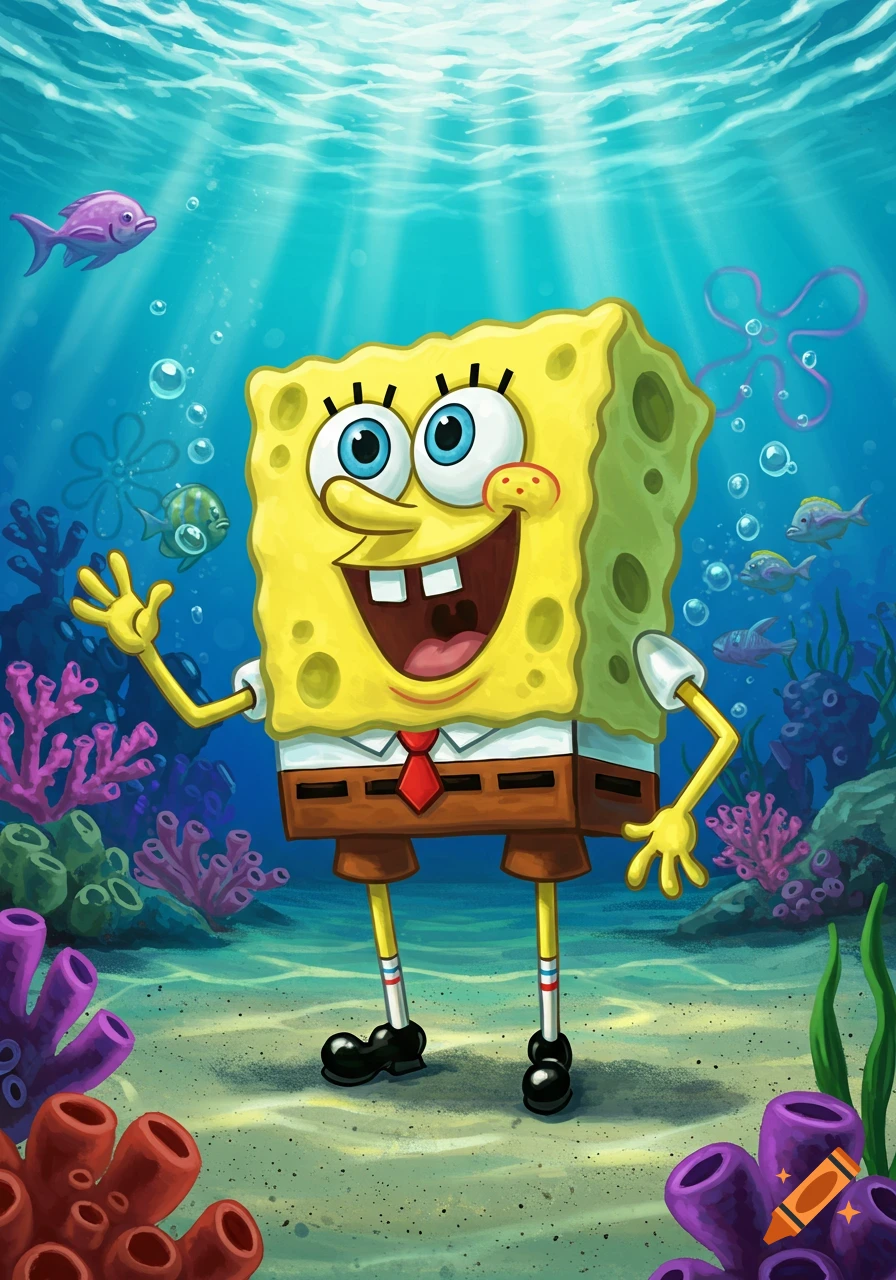 Spongebob Squarepants smiles and waves underwater, surrounded by ...