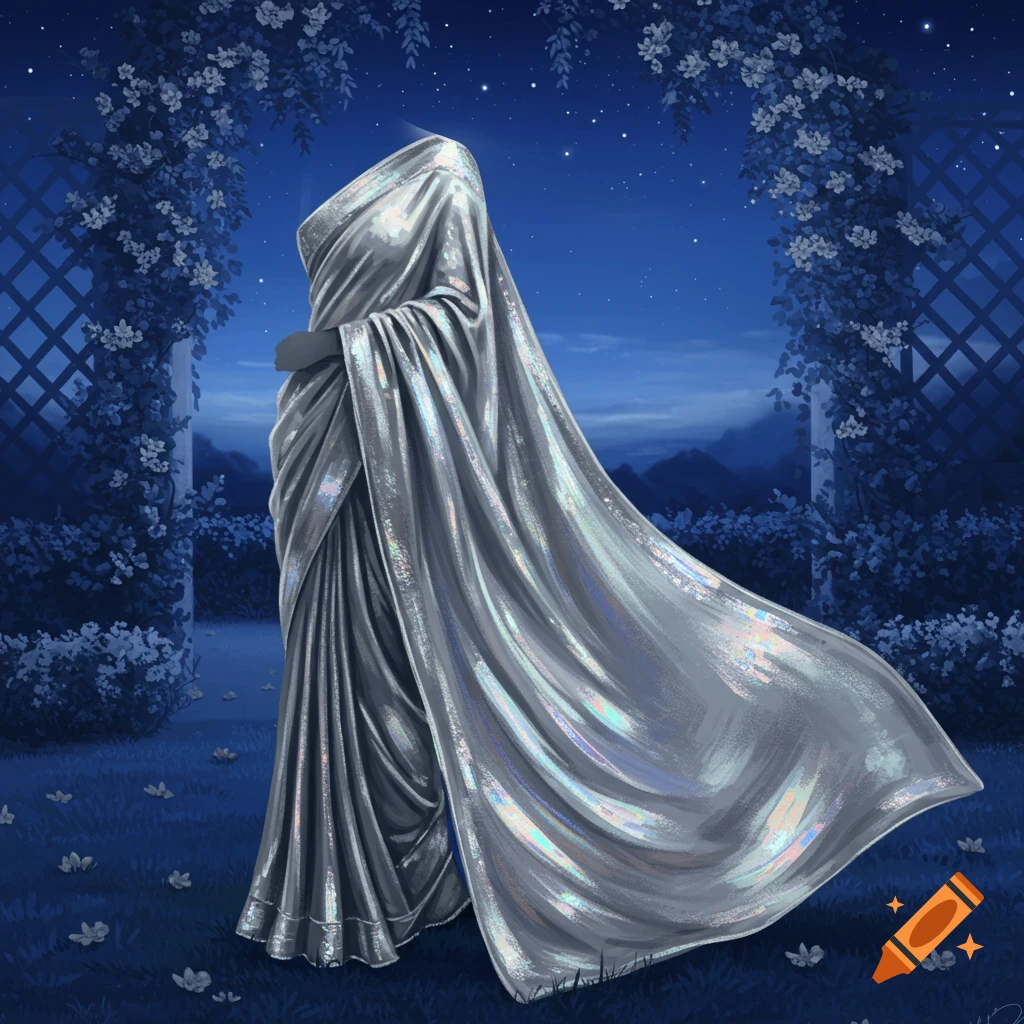 A figure in a flowing, shimmering silver sari stands in a moonlit ...