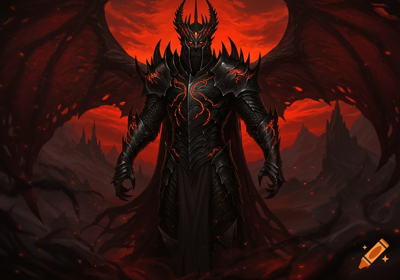 A menacing hooded figure with glowing red eyes and sharp teeth sits on ...