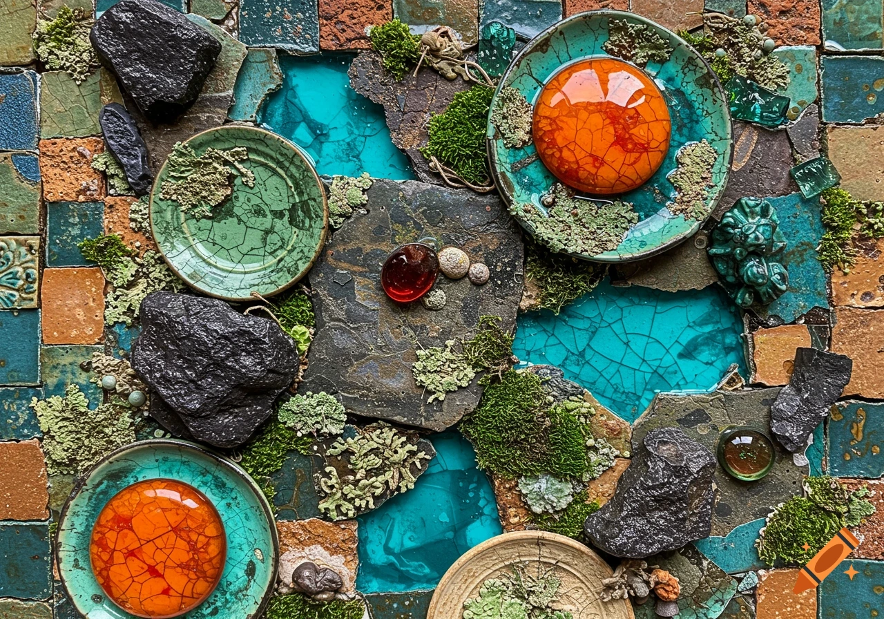 Overhead view of a detailed mixed-media mosaic featuring cracked ...