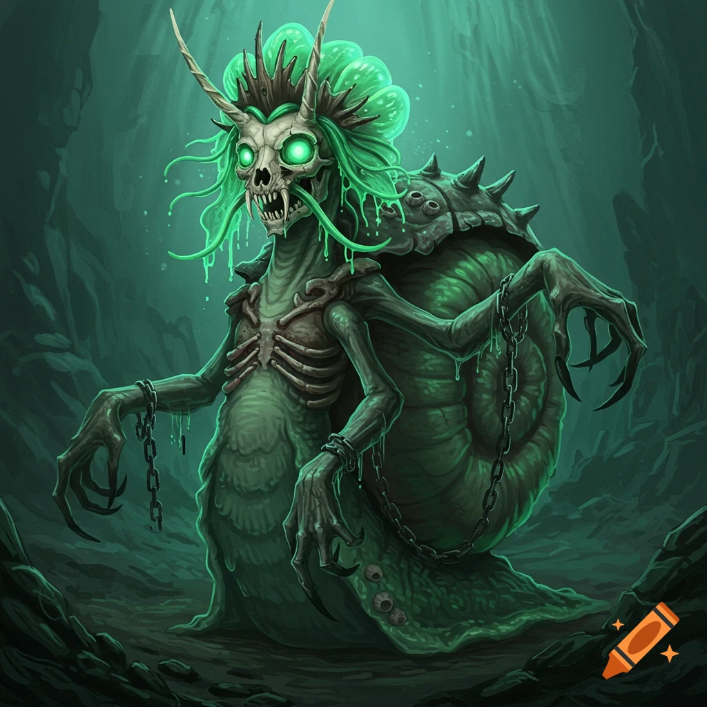 A monstrous skeletal creature with glowing green eyes and hair, chains ...