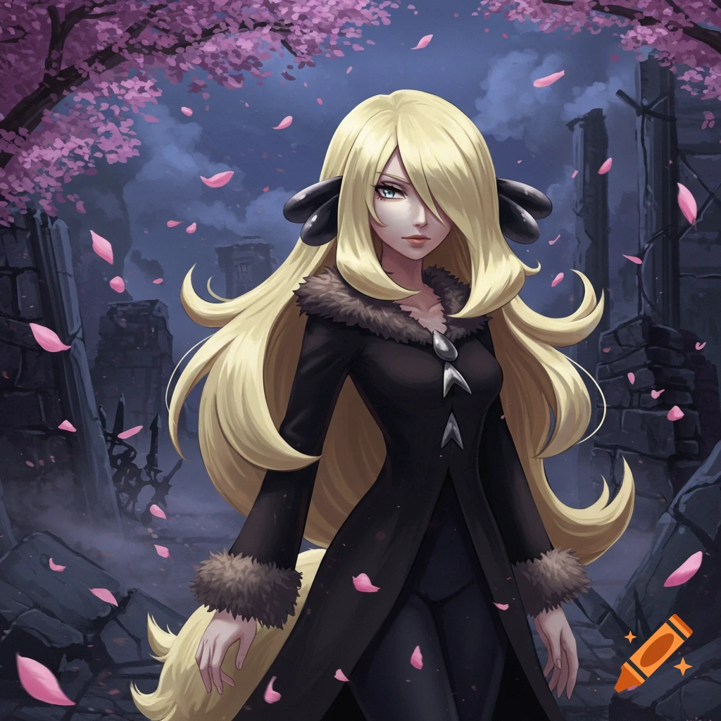 Cynthia from Pokemon with blonde hair and a black coat, stands among ...