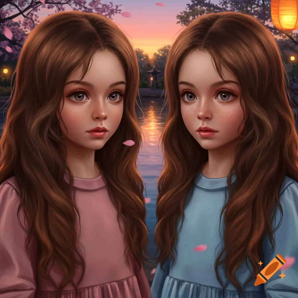Digital art of two young girls with long brown hair, by a lake with ...