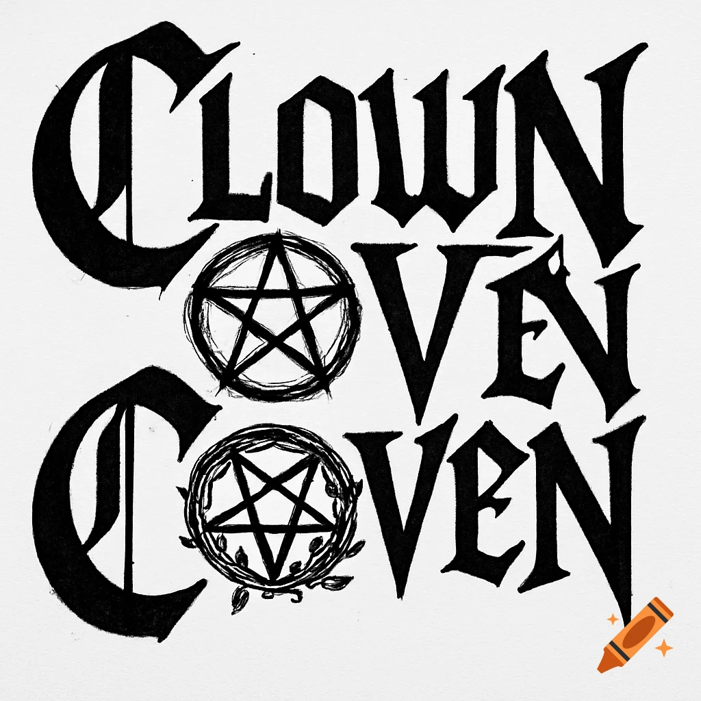 Black and white logo featuring stylized gothic text "Clown Coven" with pentagrams replacing the ...