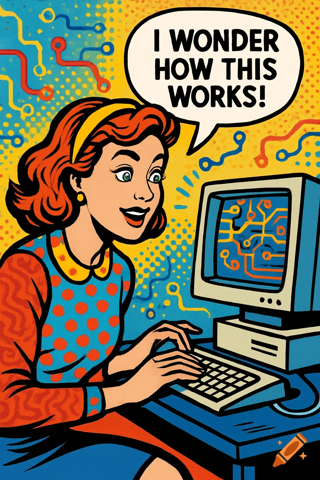 Cartoon painter in paint-splattered overalls on a ladder pokes a ...