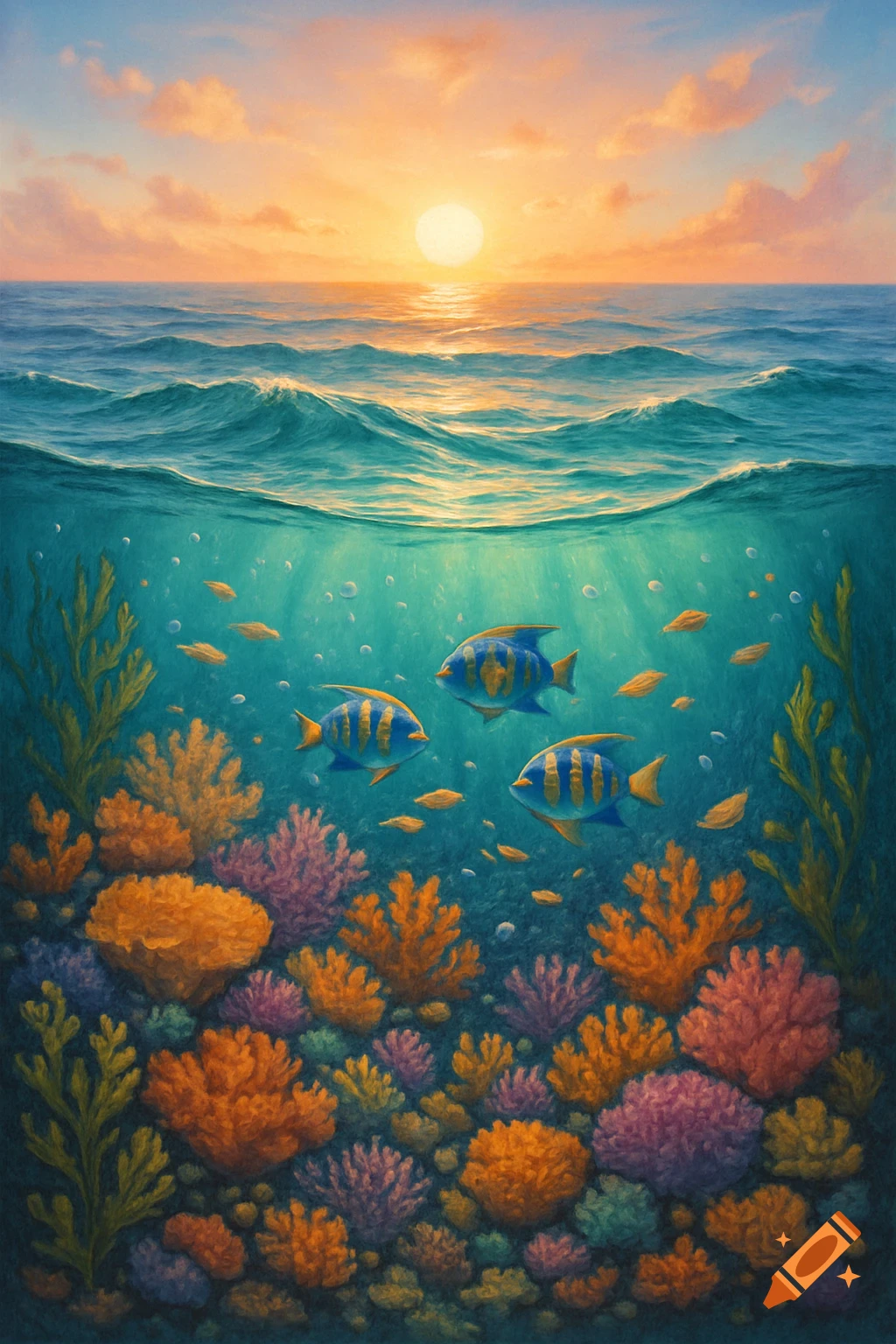 Vibrant illustrative split view of a sunny ocean with waves, icebergs ...